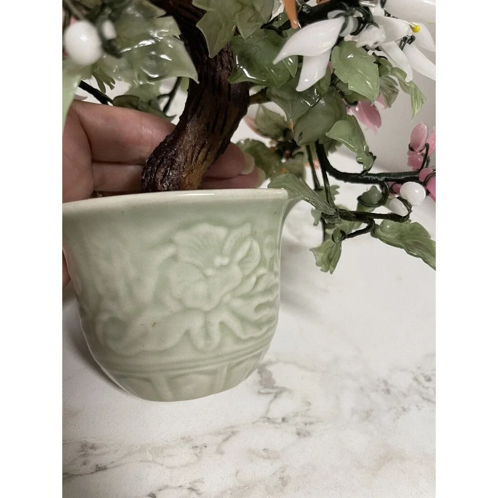 Art | Vintage Asian Jade Stone Glass Bonsai Tree Celadon Pot Pink ...